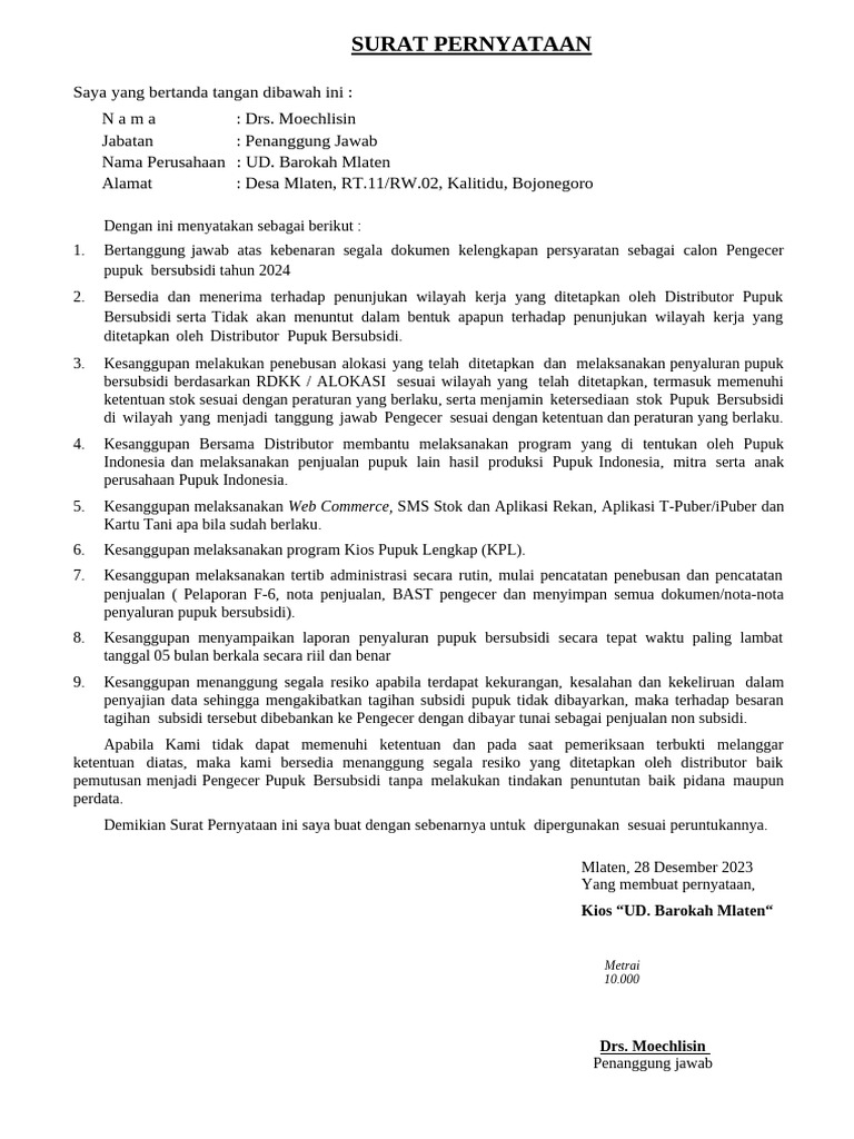 Pernyataan Kesanggupan Kios k3pg | PDF