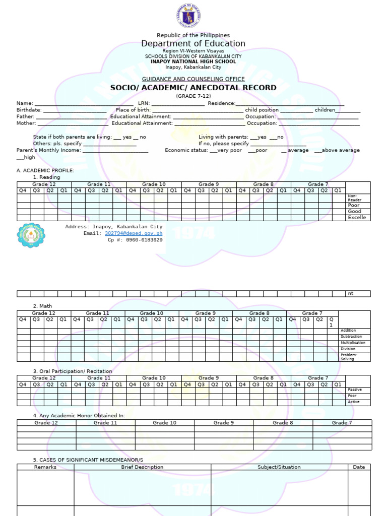 Socio, Academic, Anecdotal Record | PDF