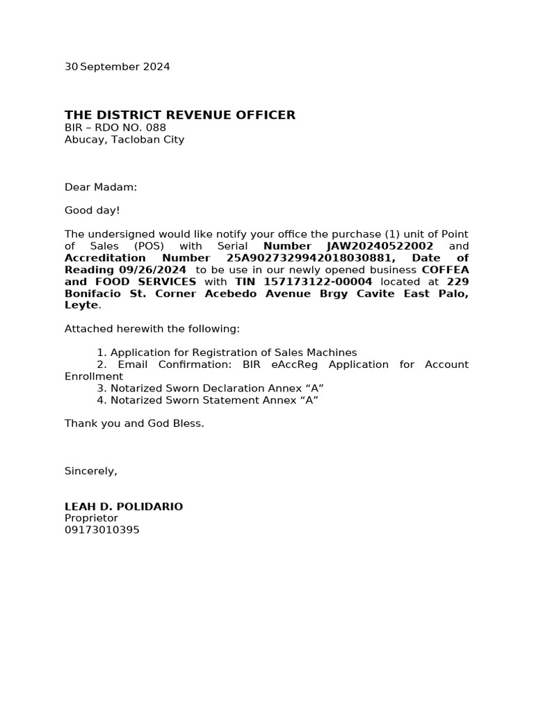 Letter To BIR | PDF | Business | Finance & Money Management