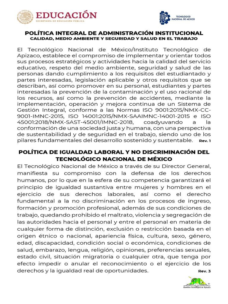 TecNM-ITApizaco PoliticaGestionInst | PDF | Relaciones personales ...