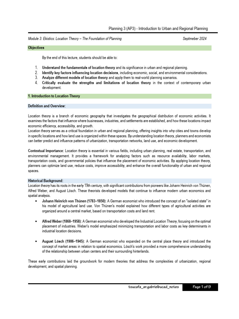 AP3 Module 3 Location Theory The Foundation of Planning | PDF | Urban Planning | Transport