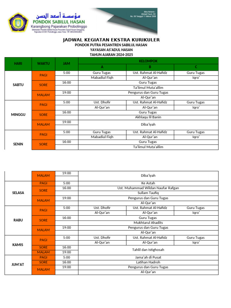 Jadwal Kegiatan Ekstra 2024-2025 | PDF