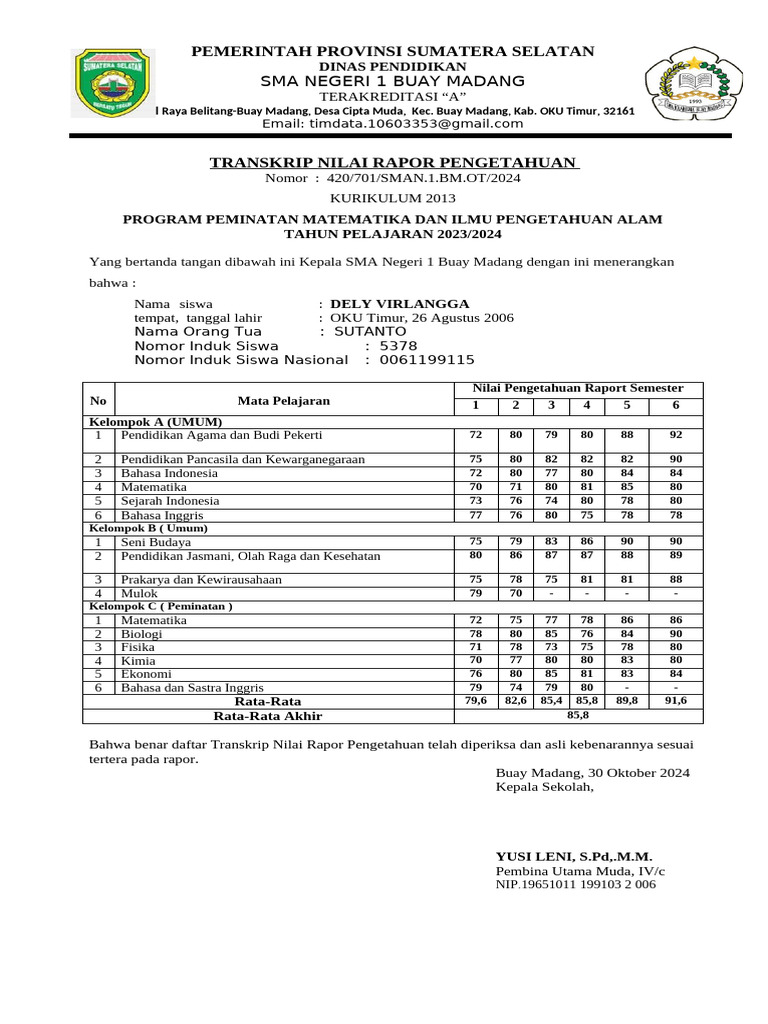 Transkrip Rapot - Dely Virlangga | PDF