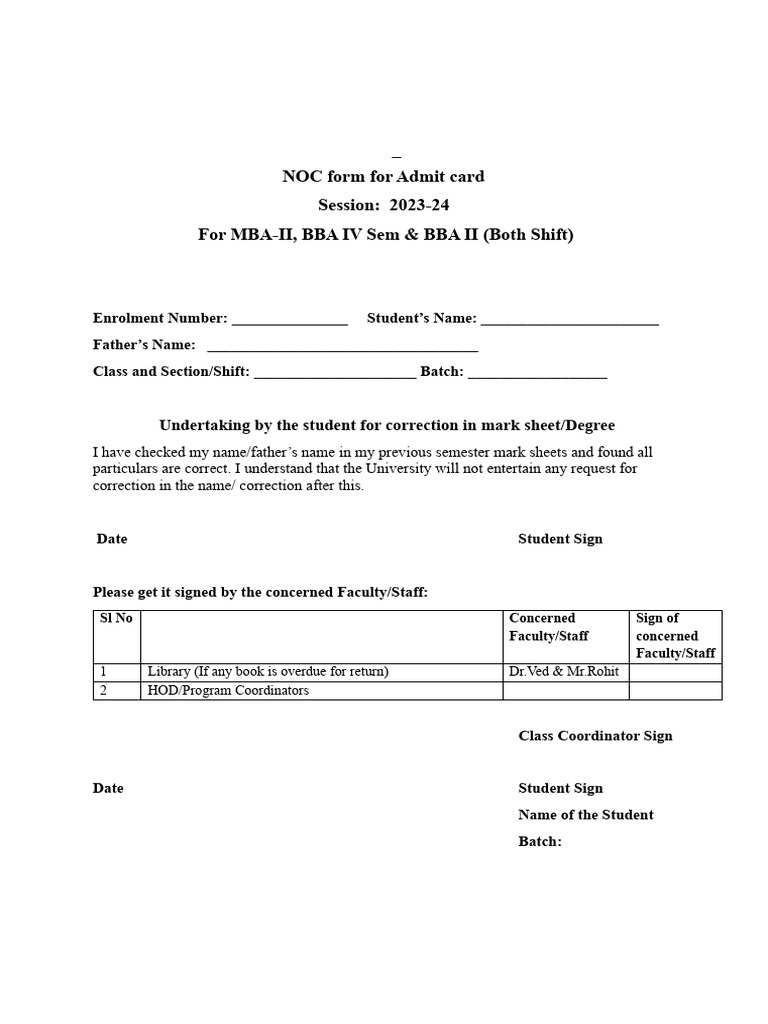 NOC Form for MBA & BBA Admit Cards | PDF