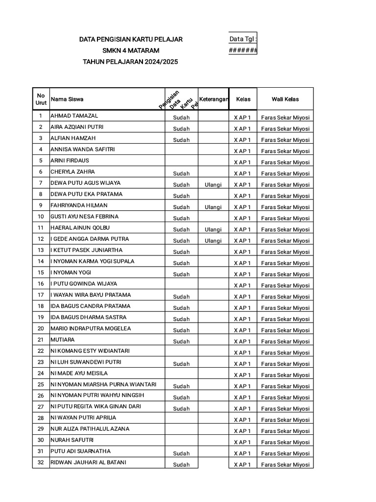 Rekap Hasil Isian Kartu Pelajar Siswa Kelas X TP 20242025 Oke | PDF
