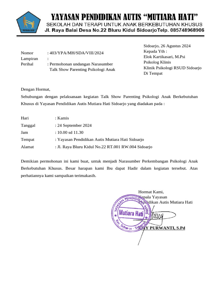 Surat Permohonan Undangan Narasumber Talk Show Parenting Psikologi Anak ...