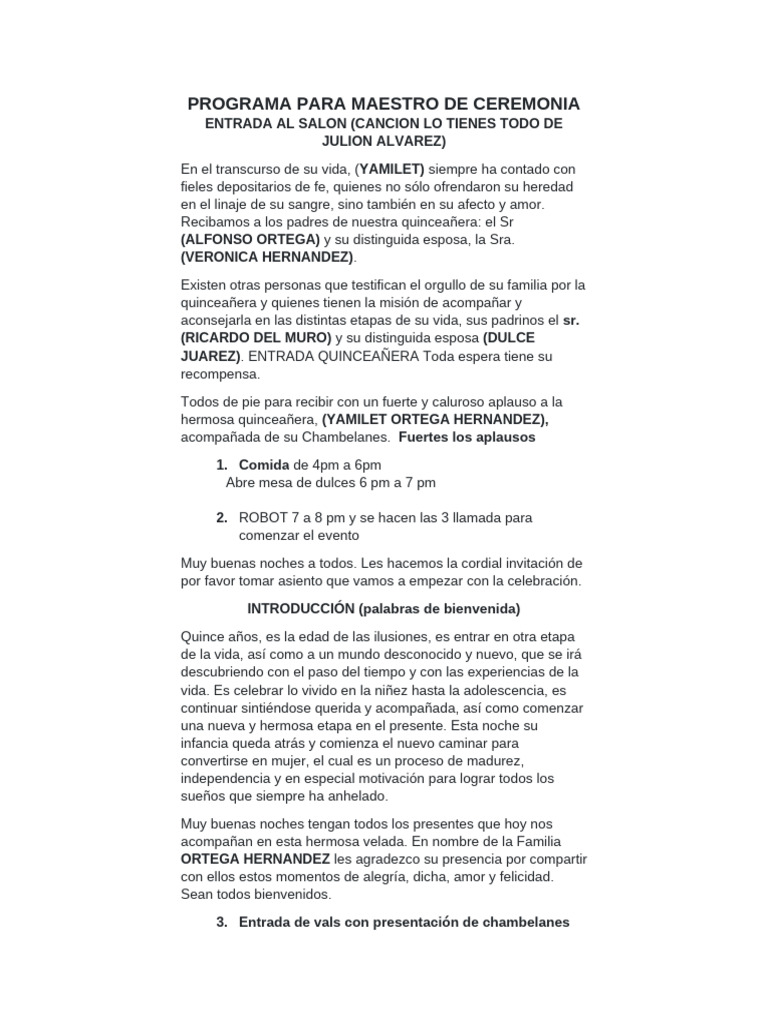 Programa para Maestro de Ceremonia Quinceañera | PDF