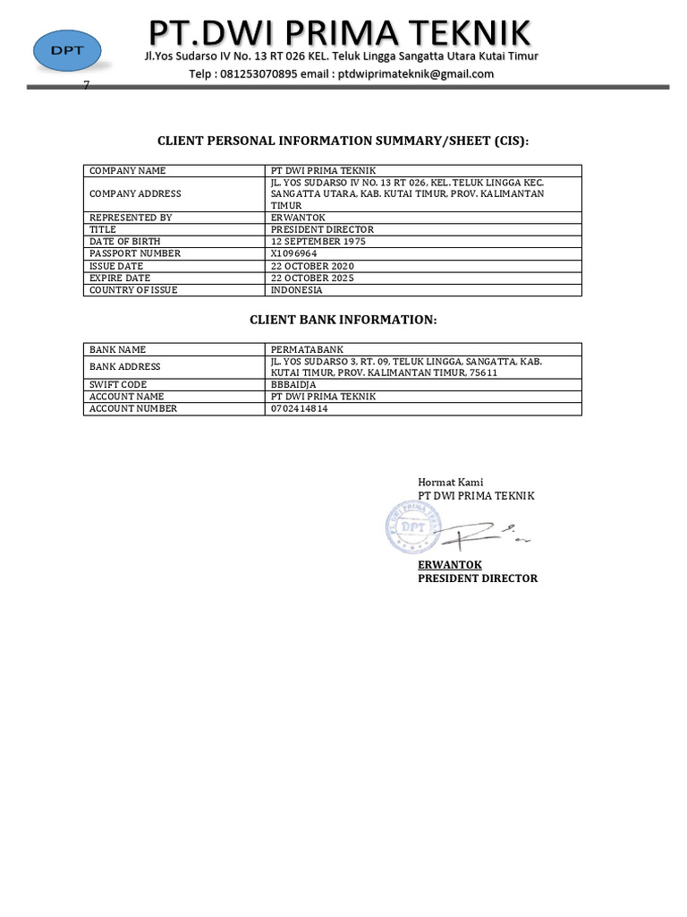 Client Personal Information PERMATA SANGATTA | PDF