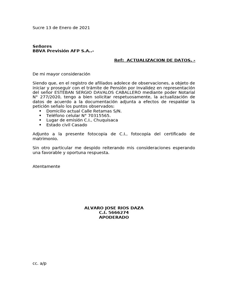 Afp Carta Solicitud de Actualización SERGIO DAVALOS | PDF