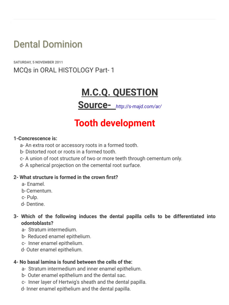 Dental Dominion - Mcqs in Oral Histology Part - 1 | PDF | Human Tooth | Tooth Enamel