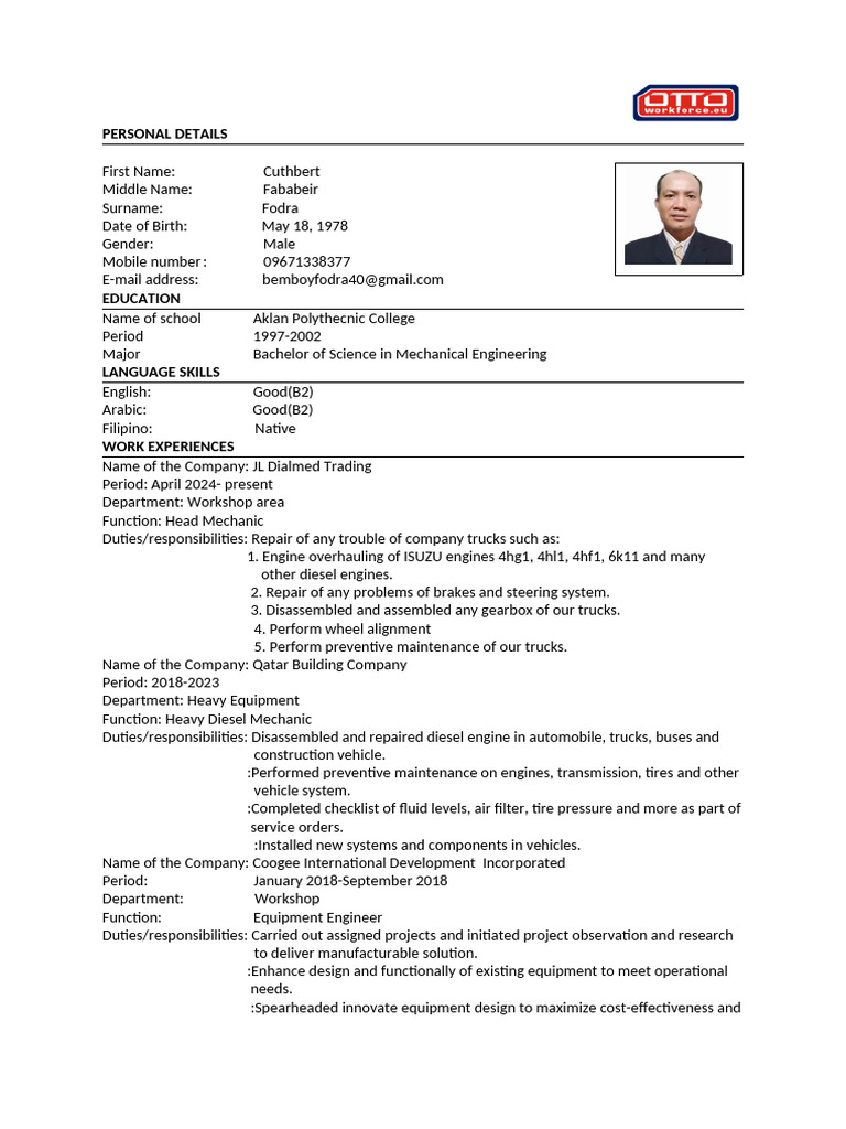 CV Template - OTTO WorkForce | PDF | Auto Mechanic | Truck