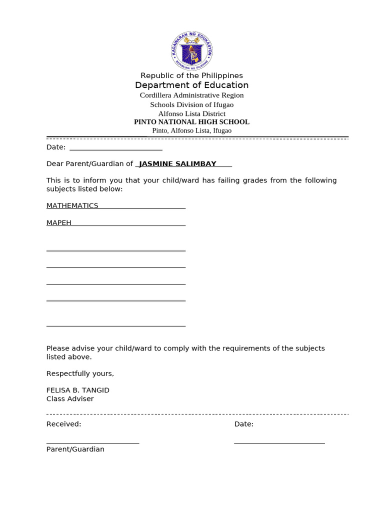 Letter To Parents Failing Grades | PDF
