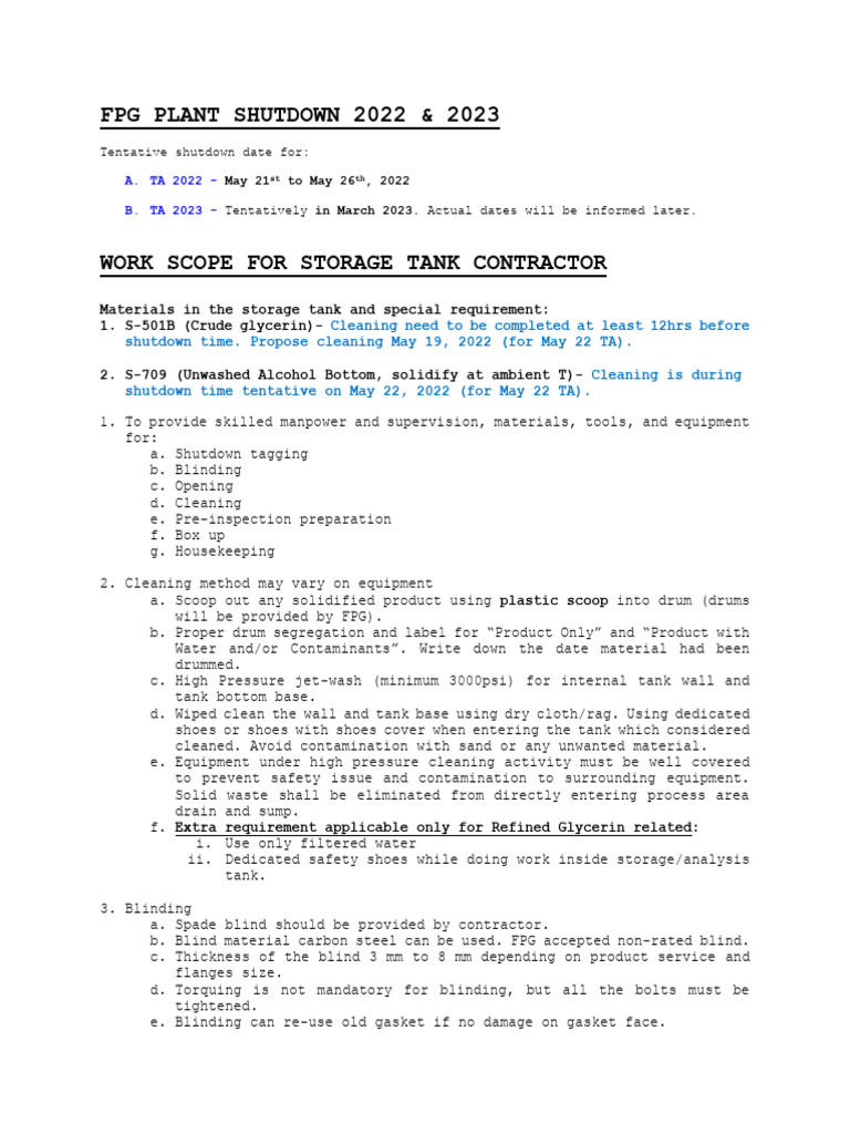 FPG 2022& 2023 Ta Storage Tanks Cleaning Scope | PDF | Manufactured Goods