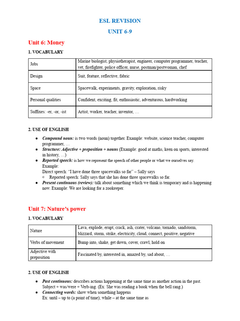 ESL REVISION (Semester 2) | PDF | English Language | Noun
