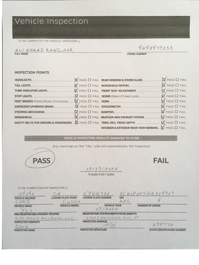 Hop Skip Drive Vehicle Inspection Form | PDF