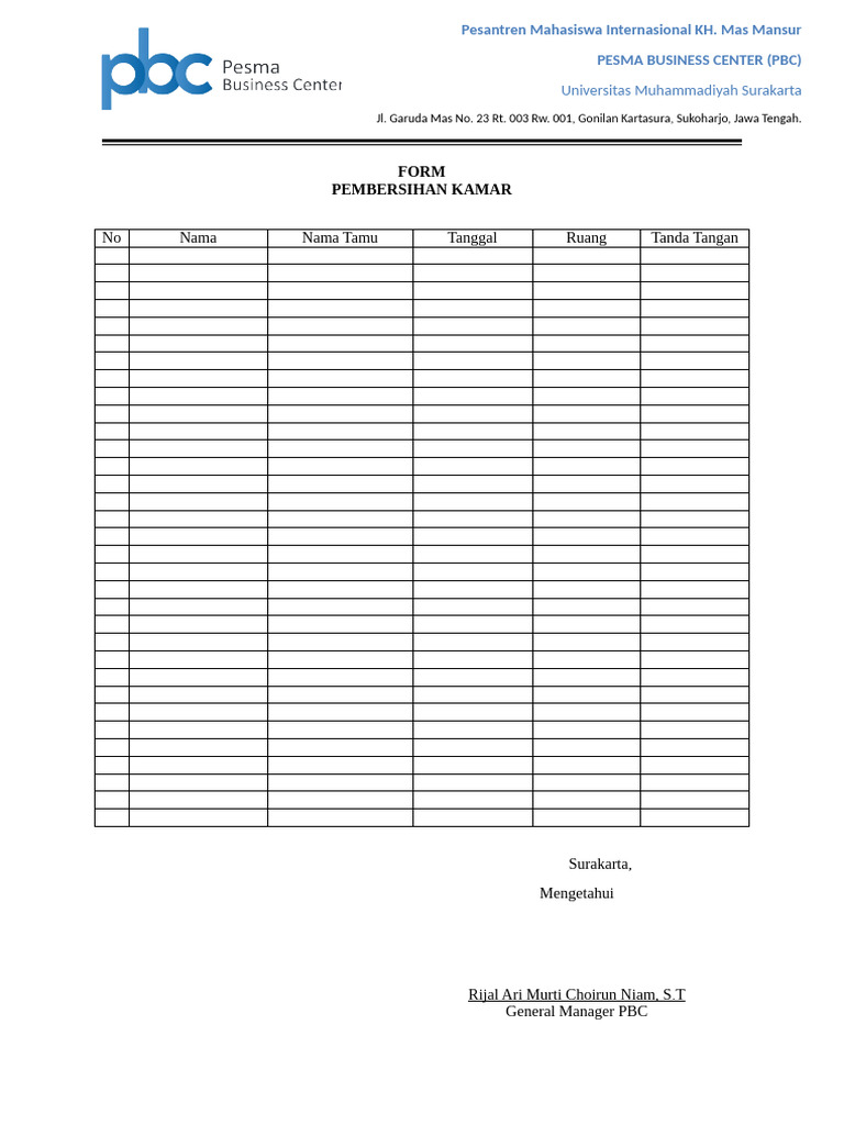 Form Pembersihan Kamar | PDF