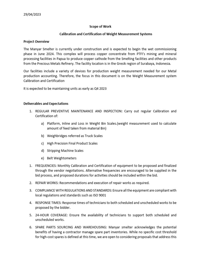 Scope of Work - Weighing System Calb and Cert | PDF | Calibration ...