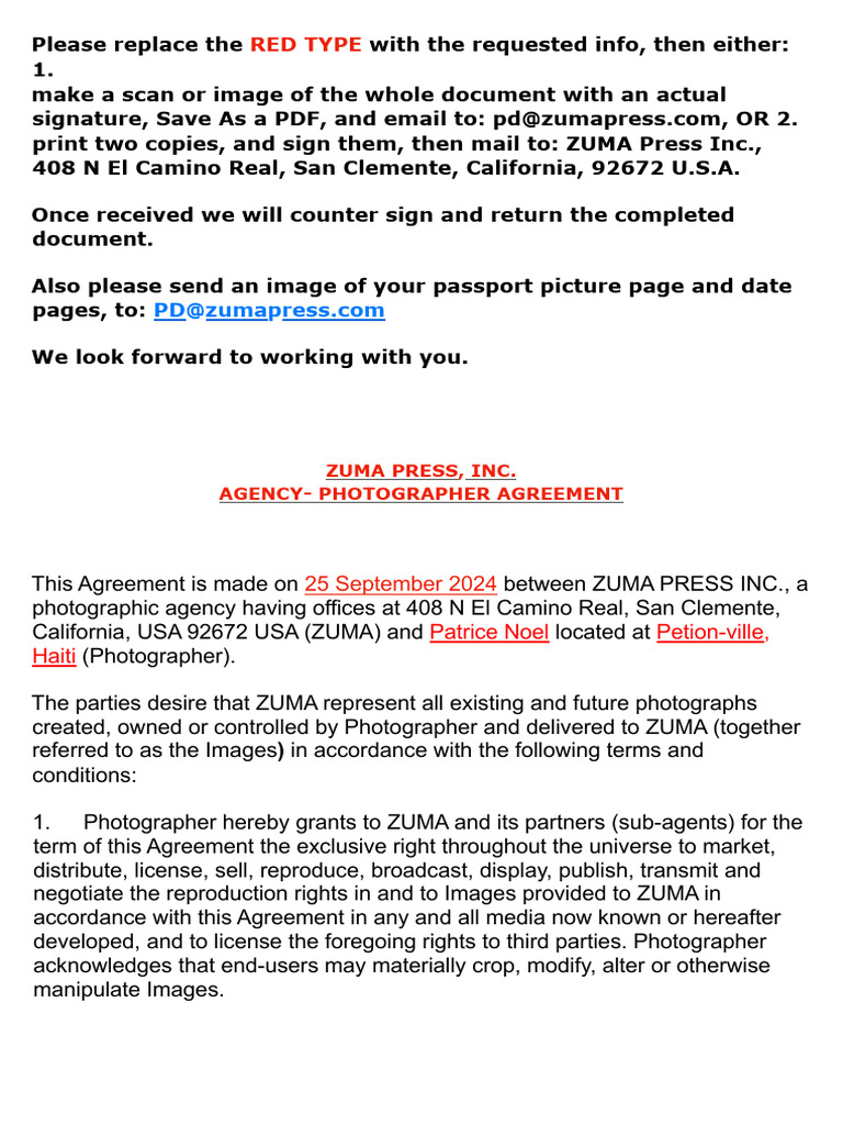 ZUMA Photographer CONTRACT 2024 Ex50 | PDF | Breach Of Contract | Copyright