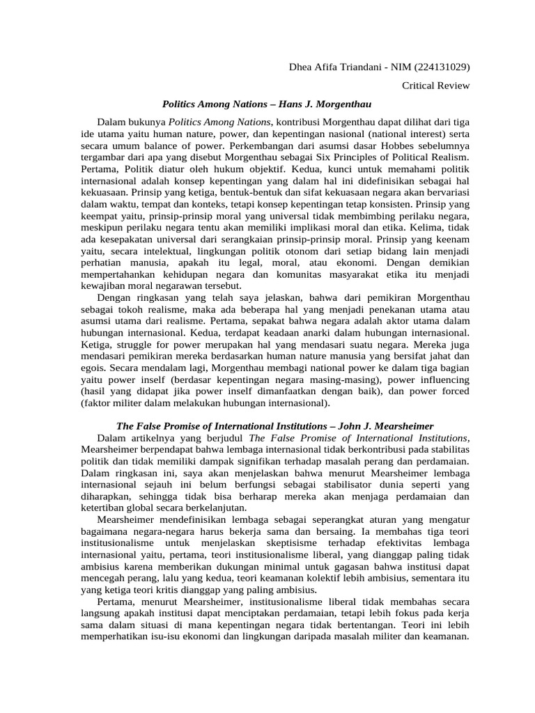 Dhea Afifa Triandani - NIM 224131029 - Realism | PDF | Politik | Ilmu Sosial