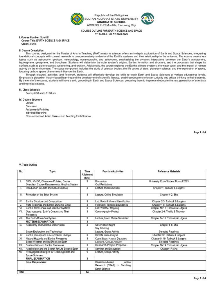 Course Outline For Earth Science and Space 2024-2025 | PDF | Earth ...