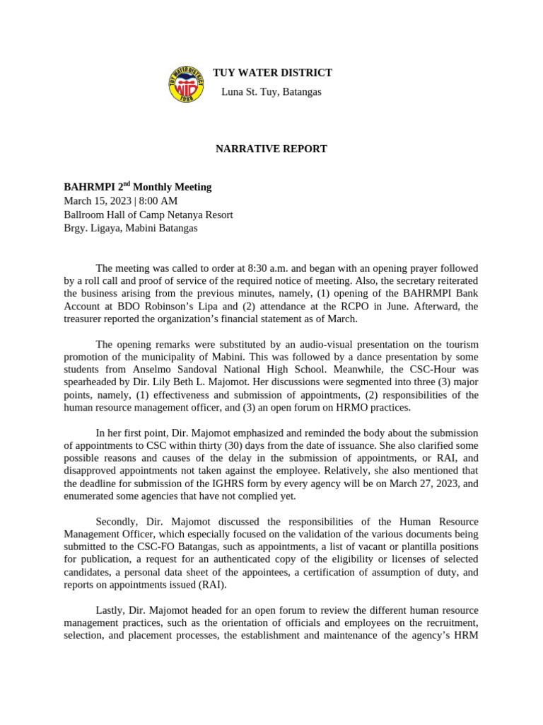 Narrative Report - BAHRMPI 2nd Monthly Mtg. (Mar. 15, 2024) | PDF ...