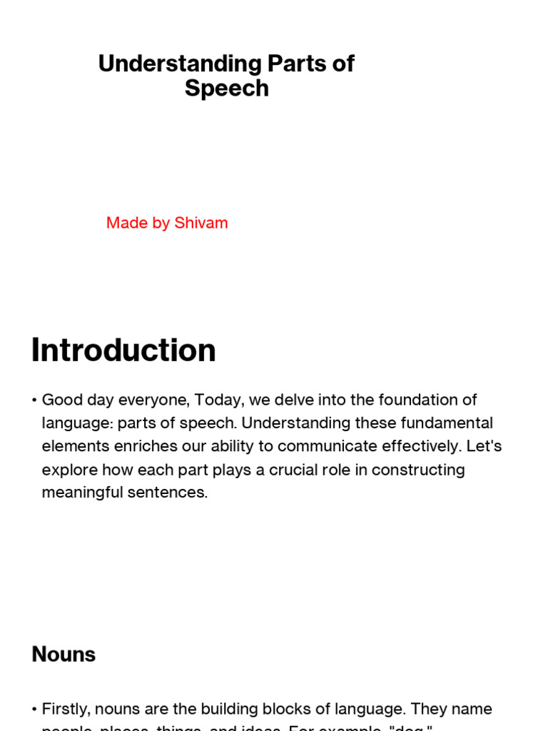 Understanding Parts of Speech: Made by Shivam | PDF | Part Of Speech | Noun