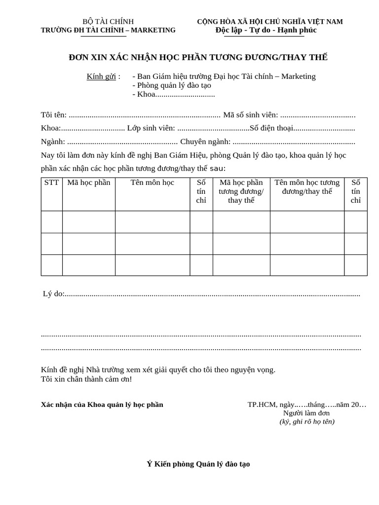 Don Xac Nhan Hoc Phan Tuong Duong | PDF