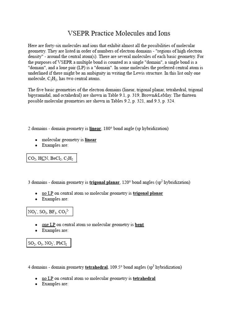 VSEPR Practice Molecules and Ions | PDF | Atomic Physics | Stereochemistry