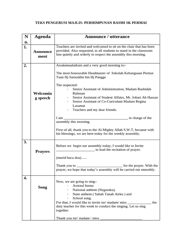 Assembly in English For Announcer | PDF