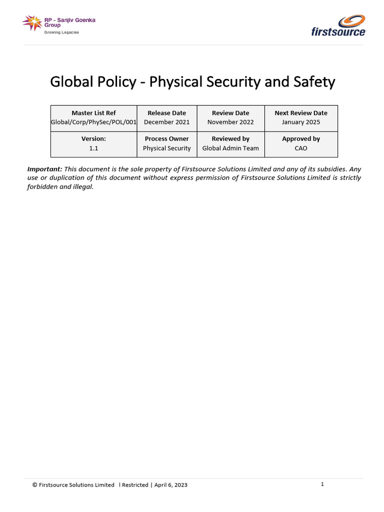 Global Physical Security Policy Overview | PDF | Policy | Physical Security