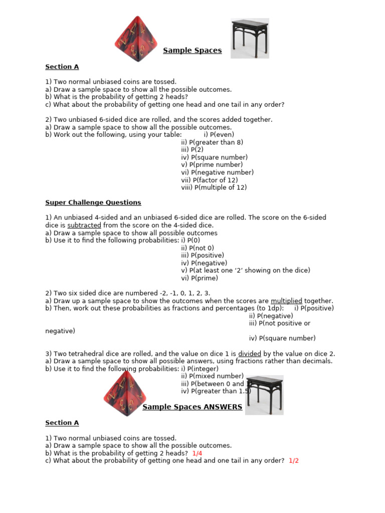 4) - Sample-Spaces Worksheet | PDF | Odds | Numbers