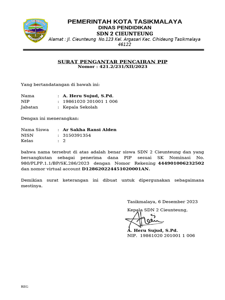 Surat Pengantar Pencairan PIP | PDF