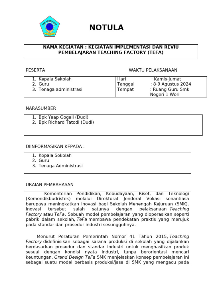 NOTULA Implementasi Dan Reviu Pembelajaran Tefa | PDF