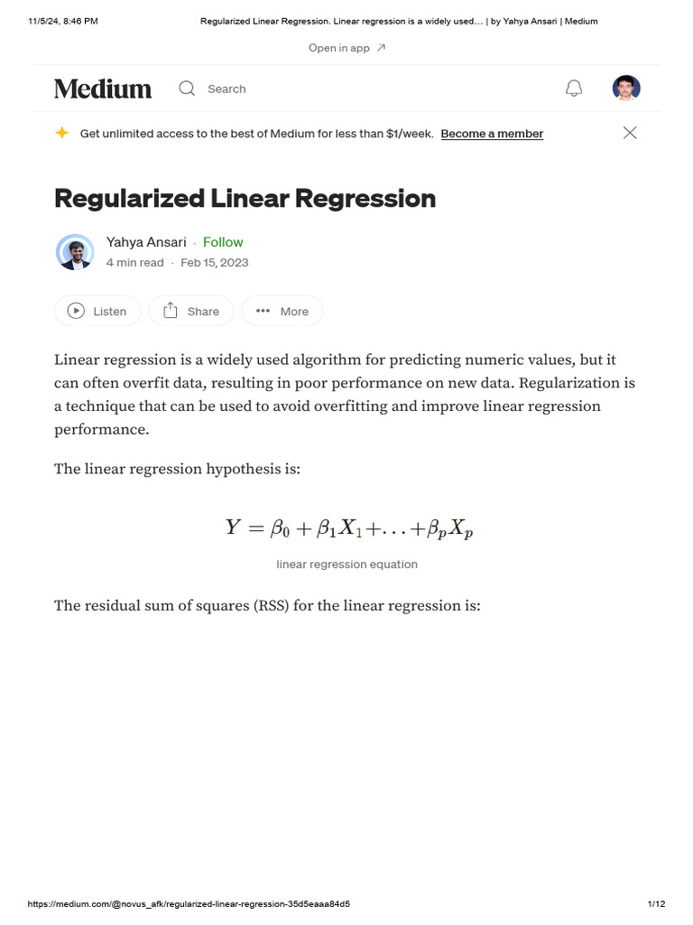 Regularized Linear Regression. Linear Regression Is A Widely Used - by Yahya Ansari - Medium ...