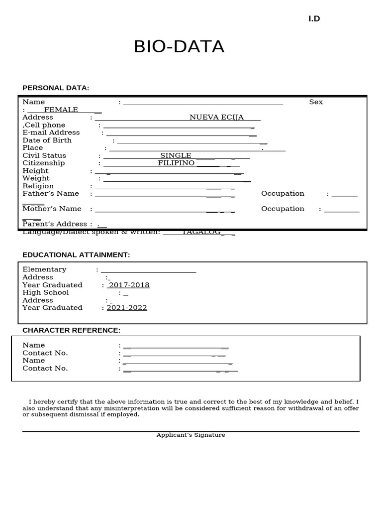 Bio Data Form 1 | PDF