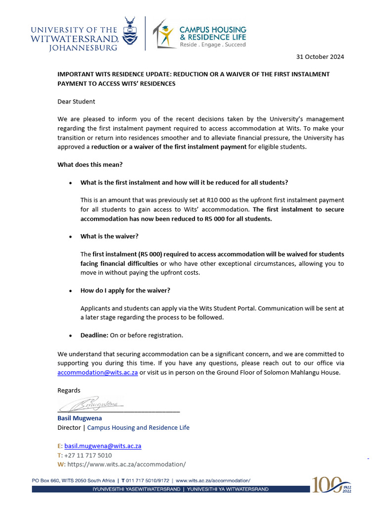Notice To Wits Residence Applicants On First Installment | PDF | Business