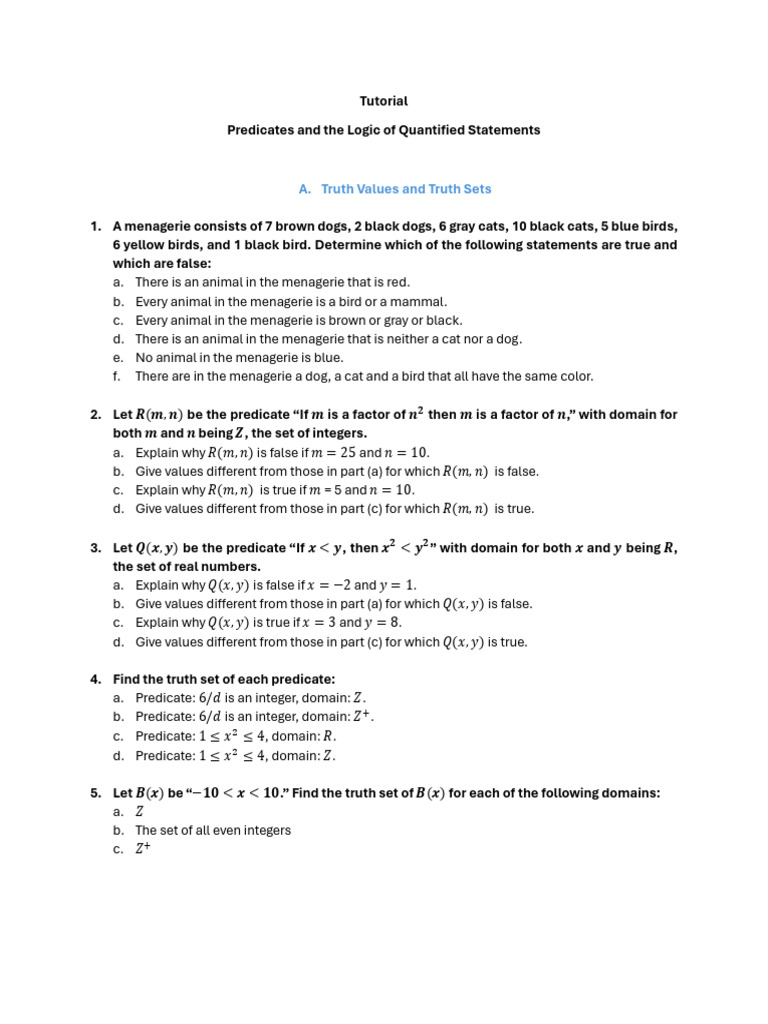 Tutorial Predicates And The Logic Of Quantified Statements Pdf Logic Syntax Logic