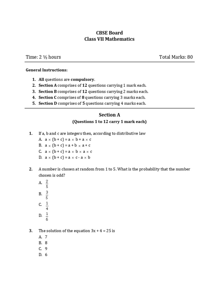 Time: 2 Hours Total Marks: 80: CBSE Board Class VII Mathematics | PDF ...