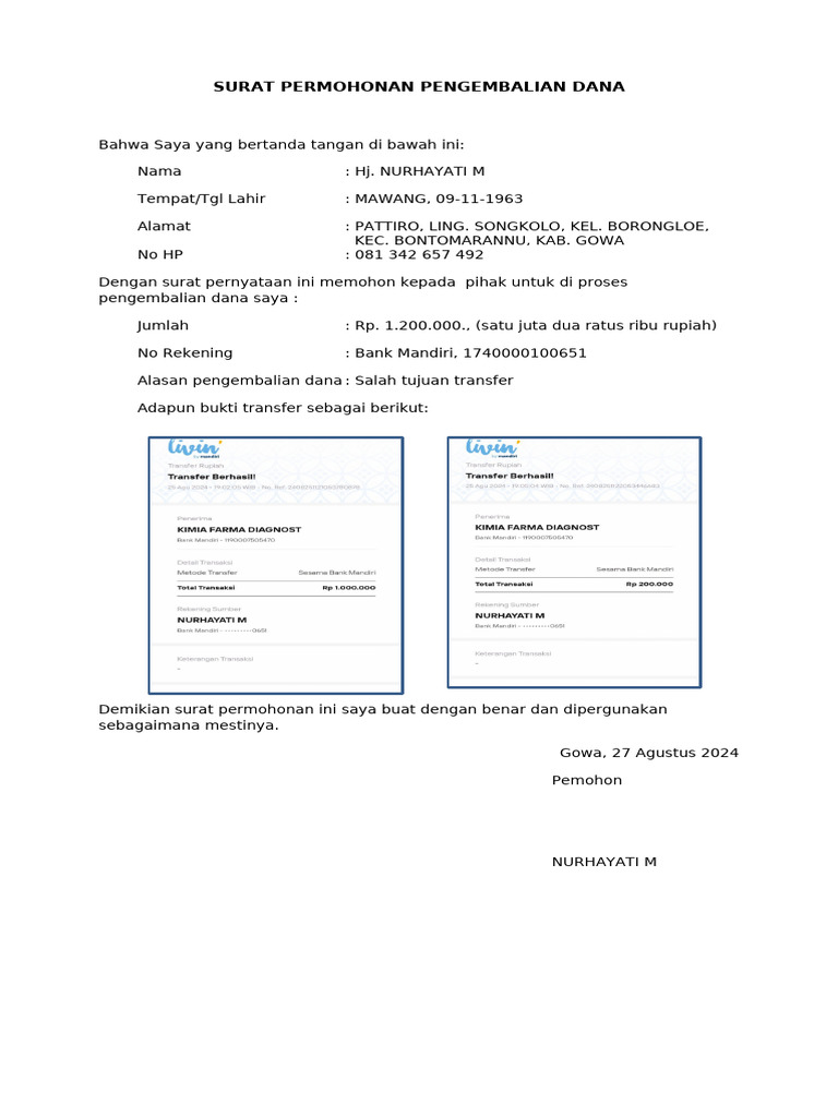 Surat Permohonan Pengembalian Dana | PDF