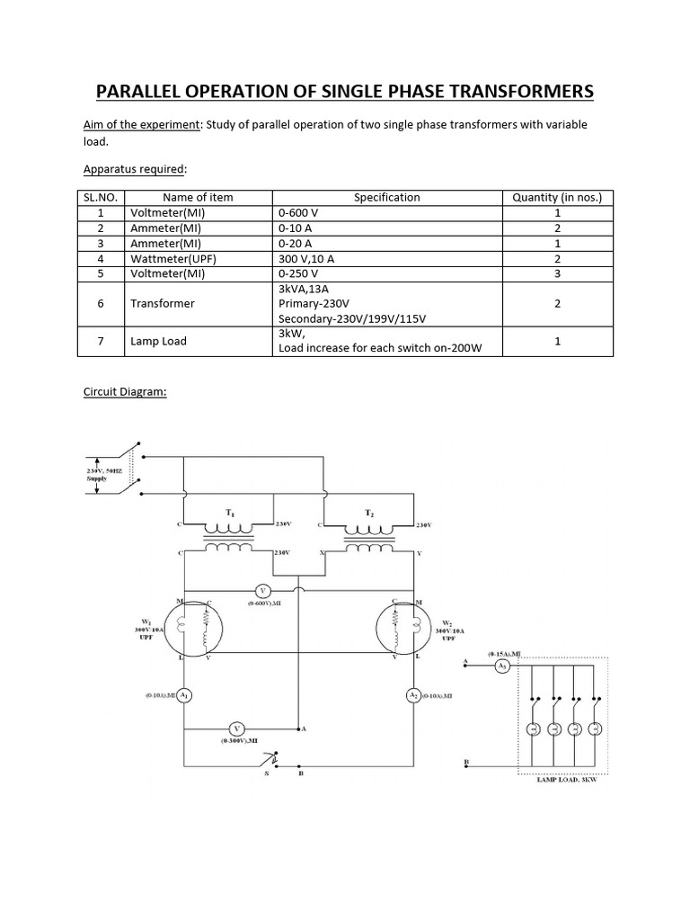 Exp 1 Parallel Operation of Two Single Phase Transformers | PDF | Transformer | Electronics