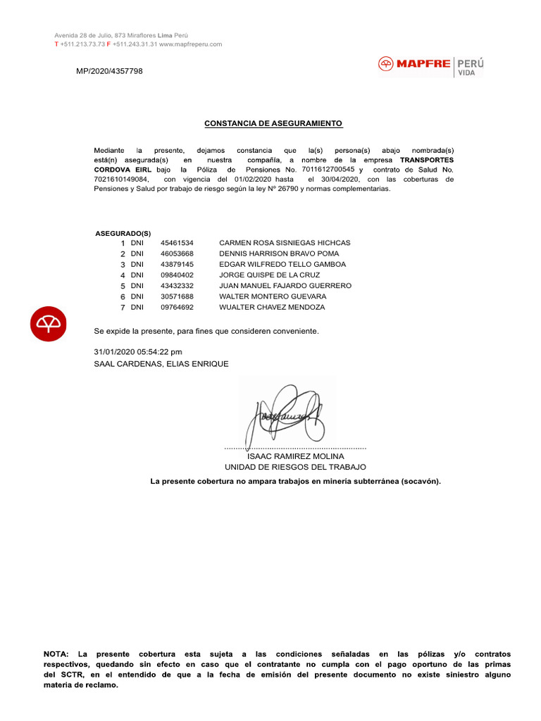 2020-01 Transporte Cordova Eirl - SCTR Constancia | PDF