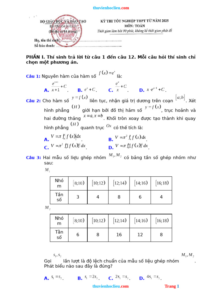 De Minh Hoa TN THPT Toan 2025 Bo GD | PDF