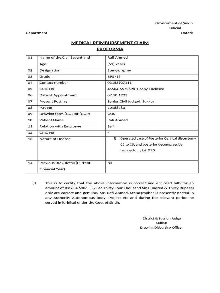 Medical Reimbursement Claim Proforma Govt of Sindh | PDF