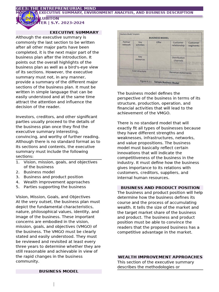 Module 4 Executive Summary, Environment Analysis, and Business ...
