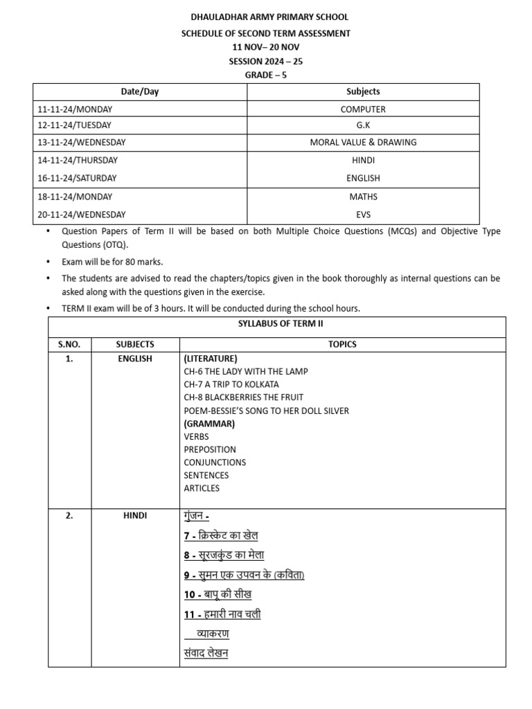 Term 2 Datesheet & Syllabus Class-5 | PDF | Multiple Choice | Linguistics