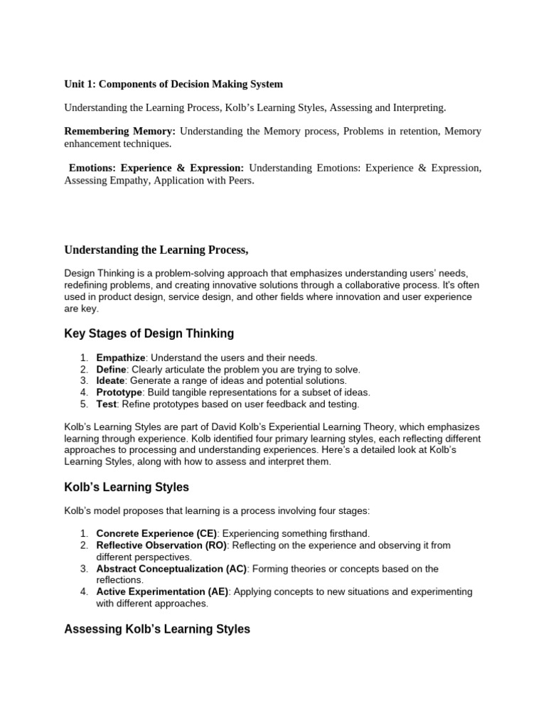 Unit 1 - Components of Decision Making System | PDF | Memory | Learning ...