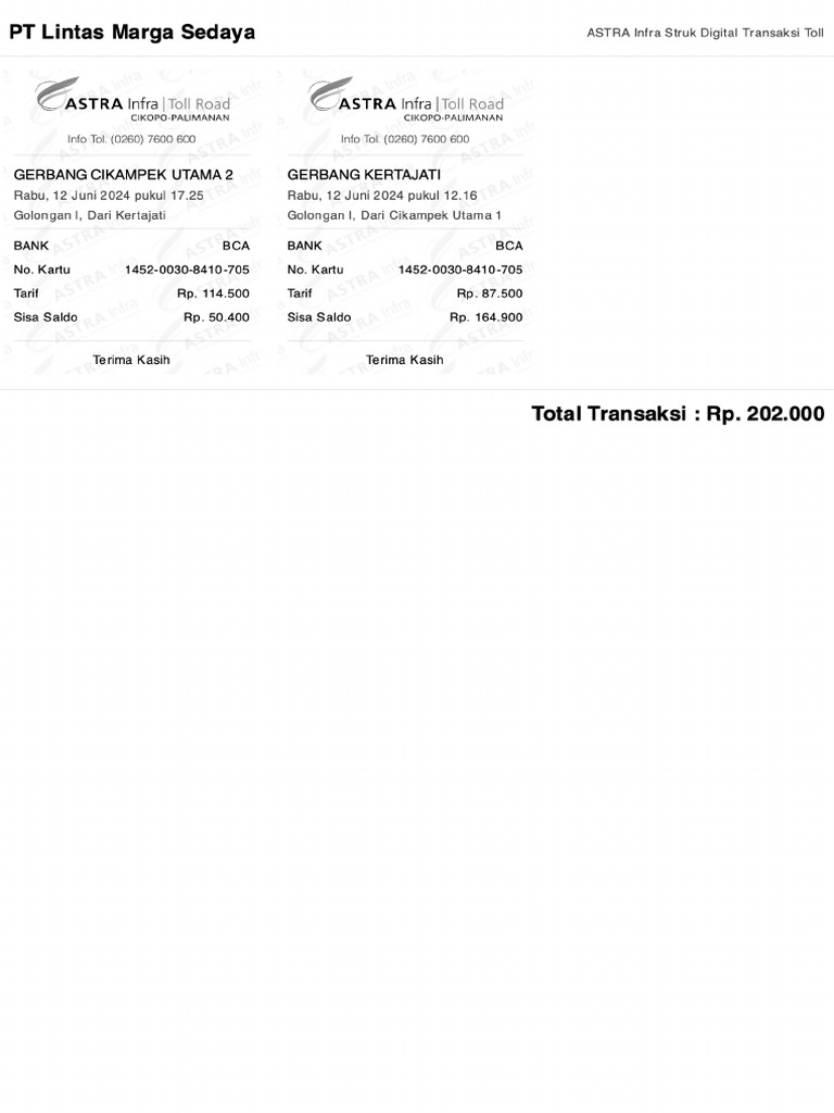 ASTRA Infra Struk Digital Transaksi Toll - 202462512818 | PDF