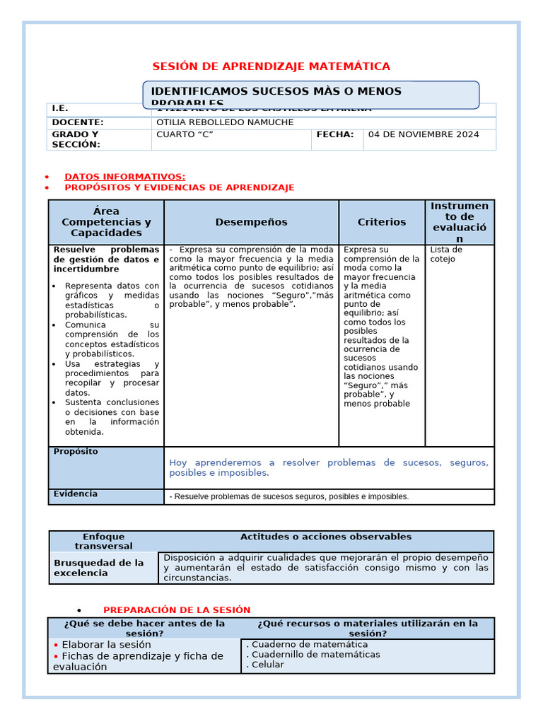 Sesion de Aprendizaje Dia Lunes 04 de Noviembre Identificamos Sucesos Mas o Menos Probables ...