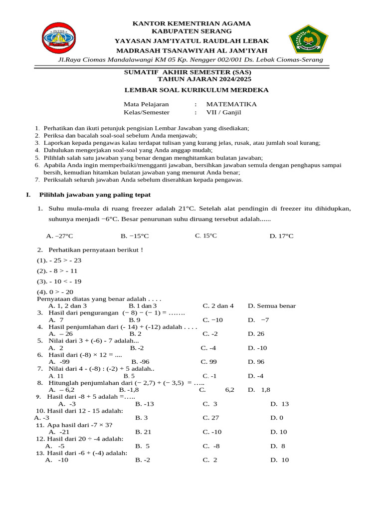 Sas MTK Kelas 7 | PDF