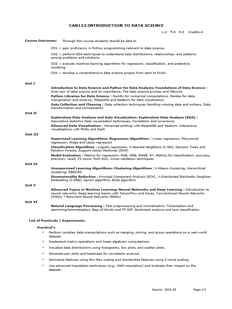 Cab112:Introduction To Data Science: Session 2024-25 Page:1/2 | PDF | Machine Learning ...